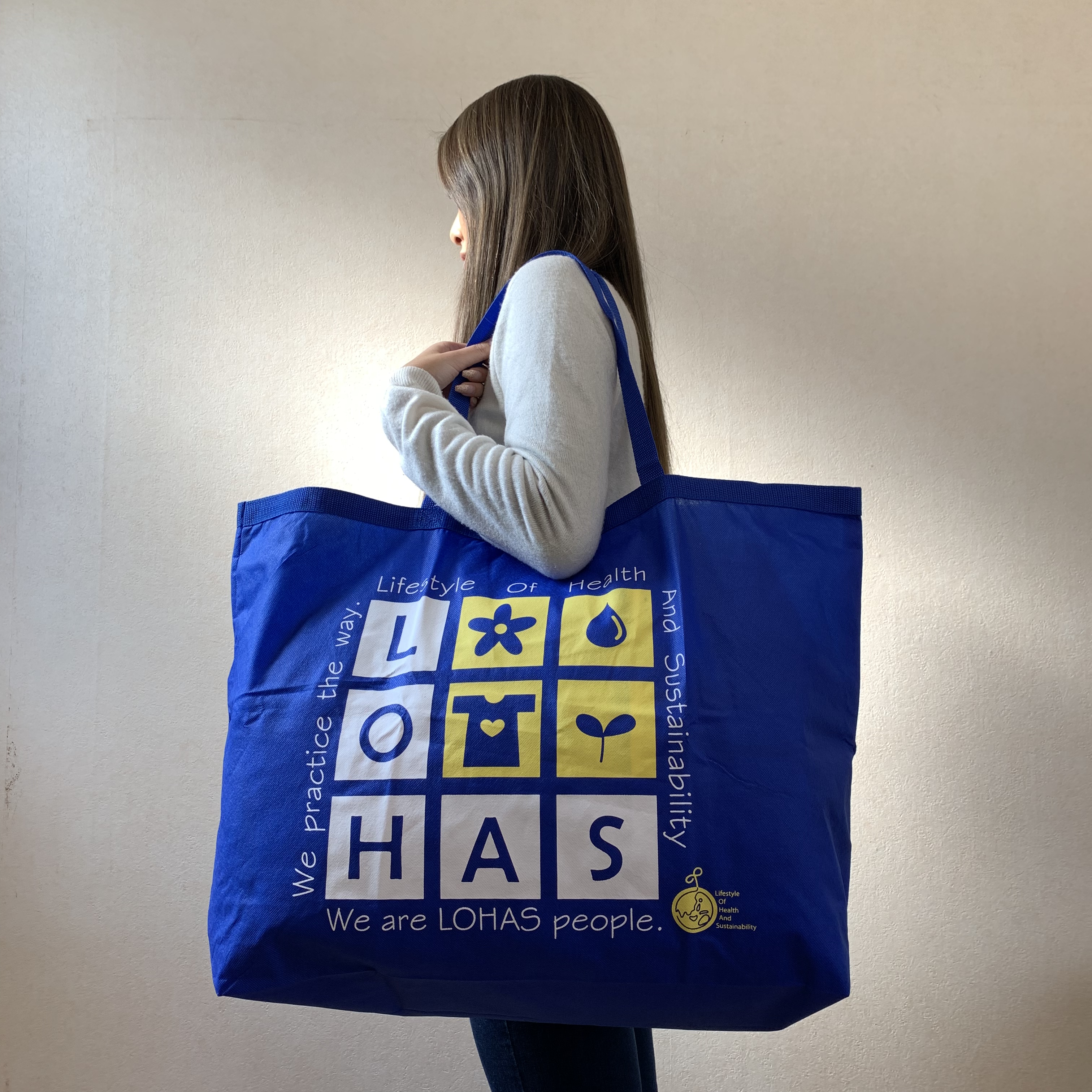 LOHASBAG不織布 ｴｺﾊﾞｯｸﾞ ﾎｯｸ付フラワー ブルー ORITANI.EC